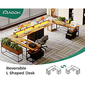 AODK 66" L Shaped Computer Desk, 113“ Reversible Home Office Desk with File Cabinet & 4 Fabric Drawers, Two Person Desk with LED Lights & Power Outlet, Corner Gaming Desk with Monitor Shelf, Vintage