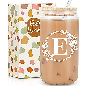 Birthday Gifts for Women, Monogrammed Initial Glass Cup Personalized Gifts for Women, 16oz Glass Cups with Lids and Straws, Iced Coffee Cup, Beer Can Shaped Glass - Personalized Christmas Gifts E