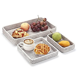 Rattan Serving Tray, Rectangular Woven Tray, Natural Wicker Decorative Serving Baskets for Organizing Tabletop Bathroom Kitchen Counter (White)