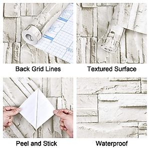 WENMER Beige Stone Peel and Stick Wallpaper 17.7" x 118" 3D Wallpaper Faux Brick Wallpaper Textured Stone Wall Paper Brick Self Adhesive Removable Wallpaper for Kitchen Backsplash Walls