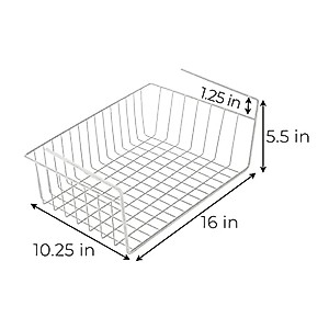 Smart Design Undershelf Storage Basket - Medium - Snug Fit Arms - Steel Metal Wire - Rust Resistant Finish - Cabinet, Pantry, Shelf Organization - Kitchen (16 x 5.5 Inch) [White]