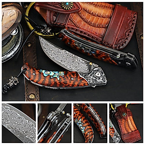 ALVELY Handmade Folding Pocket Knife, 3.6in Straight Alloy Steel Blade, Snake Lines Wood Handle, Liner Lock, with Leather Sheath, EDC Unisex Adult Knife