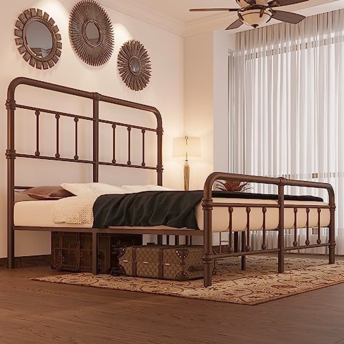 Geltanny King-Bed-Frame-Vintage-Farmhouse 49 inch Tall-headboard-Iron - Platform Mattress Foundation,No Box Spring Needed (Dark Bronze)