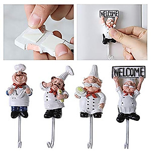 4 PCS Cute French Chef Design Adhesive Wall Hooks Heavy Duty Cook Wall Mount Rack Hook Hanger Kitchen Home Decoration