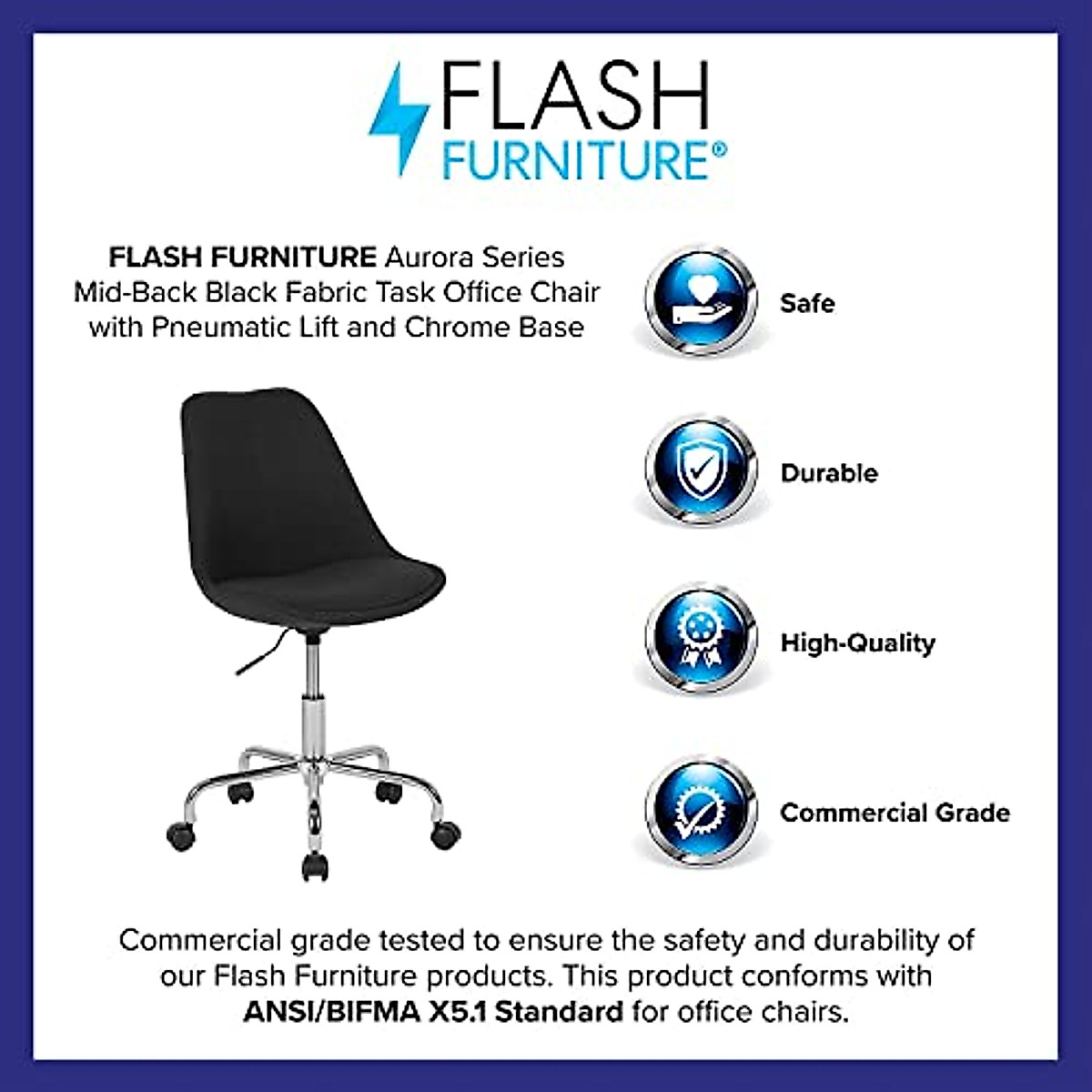 Flash Furniture Aurora Series Mid-Back Black Fabric Task Office Chair with Pneumatic Lift and Chrome Base