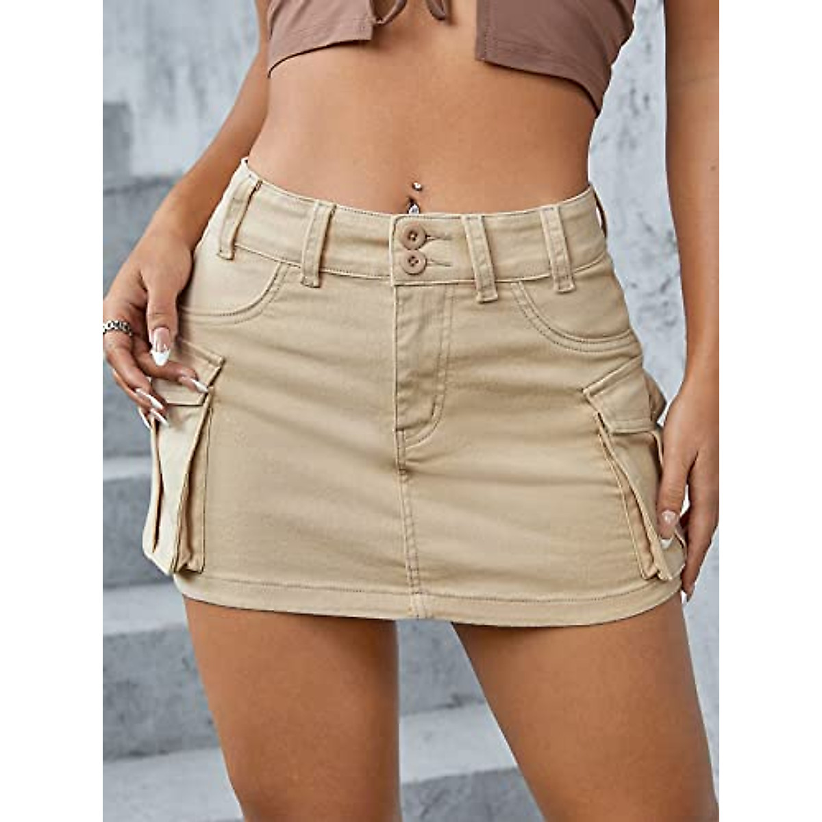 MakeMeChic Women's Y2K Skirt Low Rise Flap Pocket Mini Bodycon Denim Jean Skirt Khaki M