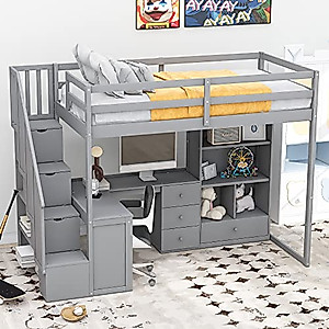 Wood Loft Bed Twin Size, Multifunctional Twin Bed Frame with L-Shaped Desk and Drawers, Cabinet and Storage Staircase, Gray