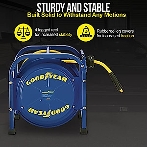 Goodyear Air Hose Reel Retractable 3/8" Inch x 100 Feet 300 Psi / 20 Bar Spring Driven Steel Elite Portable Quad Pod Heavy Duty Industrial Longest Premium Commercial Flex Hybrid Polymer