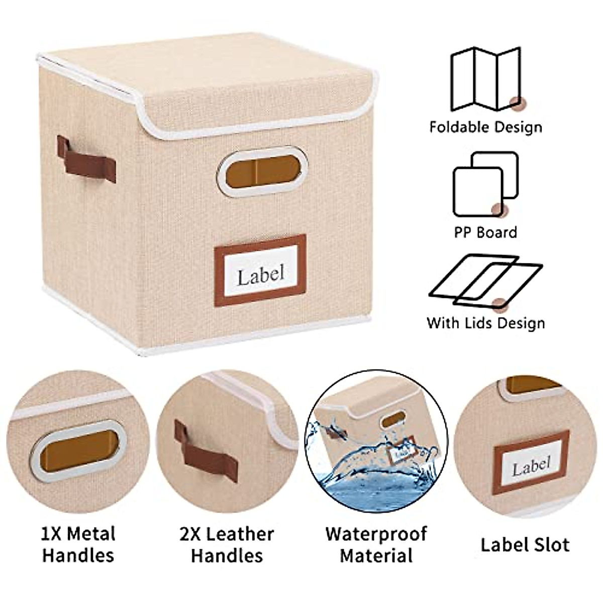 Yawinhe 2 Packs Storage Boxes, 11 x 11 x 11 Inch Storage Cubes, Storage Bins Organizer Containers with Dual Leather Handles for Home Bedroom Closet Office (Beige, 2-Pack)
