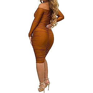 Uni Clau Women Elegant Sexy Deep V Neck Solid Color Ruched Dress Long Sleeve Off Shoulder Bodyocn Midi Dress Skinny Pleated Dress Party Night Club Dresses Brown M