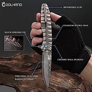 Cool Hand 4.6'' Damascus Steel Folding Knife, Titanium Frame Lock Knives w/ 3'' VG10 Damascus Steel Blade, Textured TC4 Titanium Handle and Clip, Great EDC Gentlemen Knife