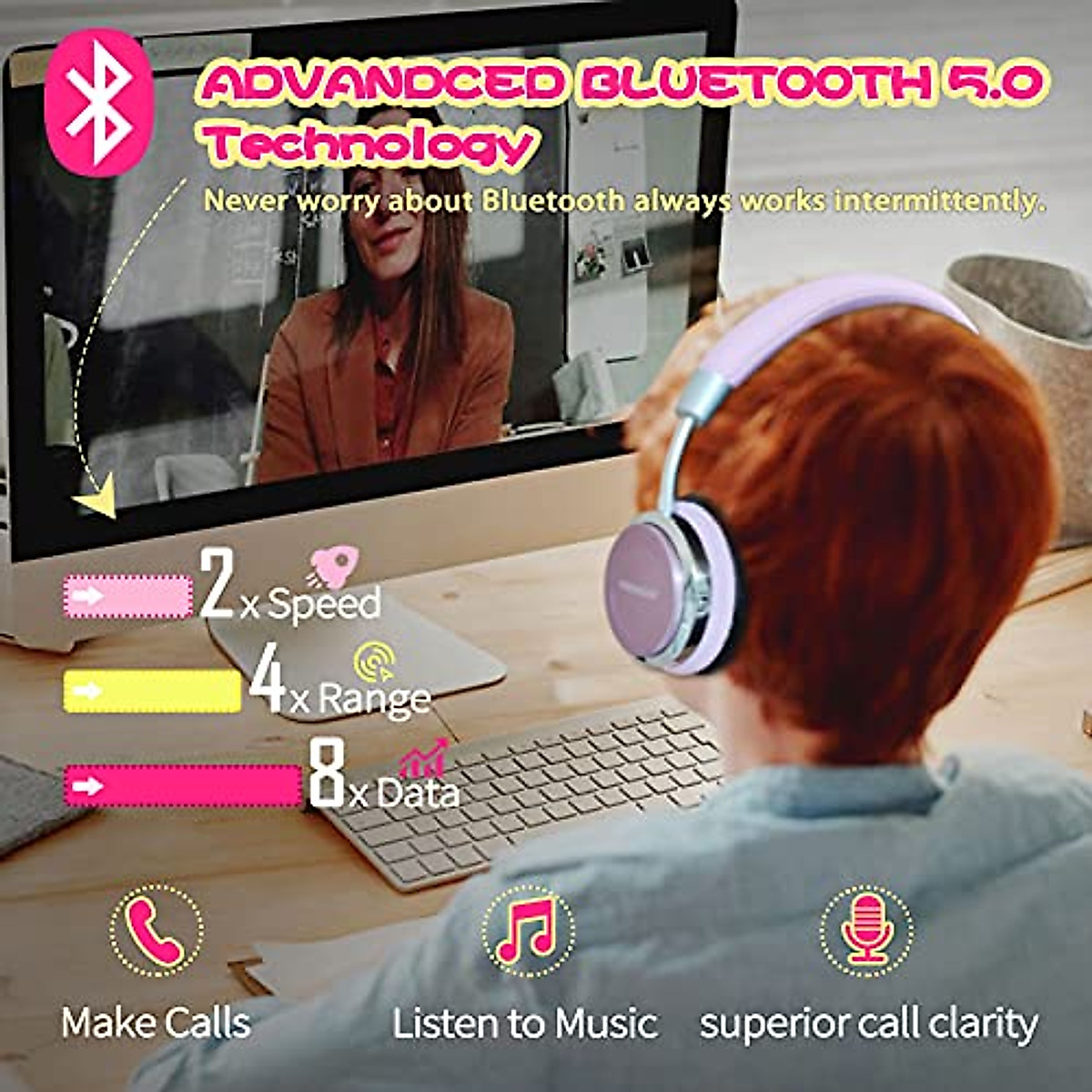 PROHEAR 010 Kids Bluetooth Active Noise Cancelling Headphones with Safe 85dB Volume Limit for Autism, School, Distance Learning, Car and Airplane Trips - Pink