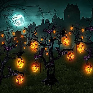 Halloween Solar Light Outdoor Decorations Waterproof 2Pack,Scary Iron Art Pathway Lights Metal Yard Garden Stake Lights Outdoor Lawn Yard Porch Ornaments Bat Skull Tree Party Decor