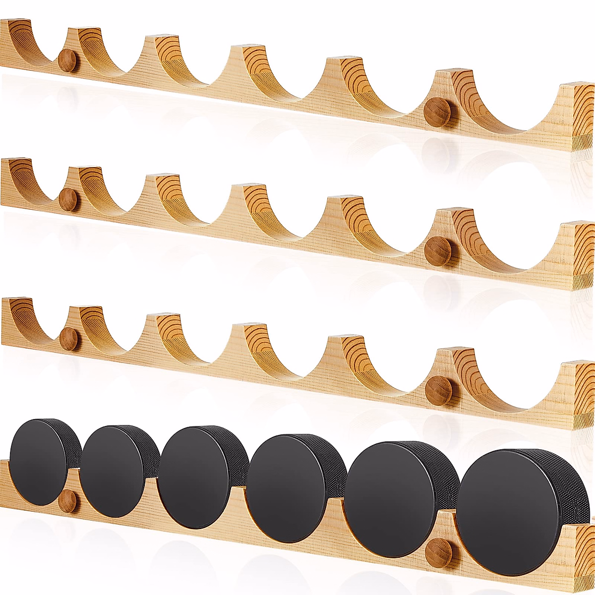 Taiyin 4 Pcs Hockey Puck Display Case Holder Wall Rack Holder Wall Mount Wood Hockey Puck Holder with Smooth Grooves for Room Living Room Decoration, 21.75 x 1.5 x 1 Inches