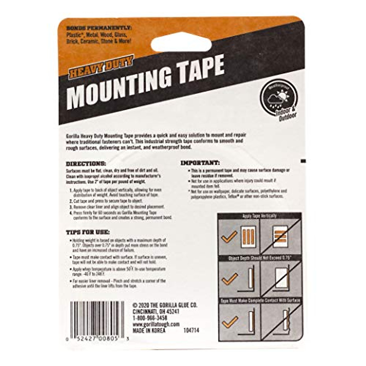 Gorilla Heavy Duty, Extra Long Double Sided Mounting Tape, 1" x 120", Black, (Pack of 1)