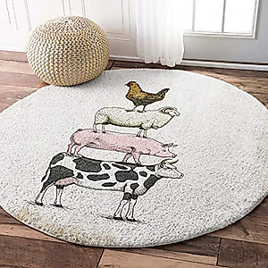 Farmhouse Area Rug Cow Pig Sheep and Chicken Farm Animals Round Rug Fluffy Floor Carpet Soft Rug Rusic Bakcground Non-Slip Throw Rug 4' Diameter for Living Room, Bedroom, Apartment, Sofa