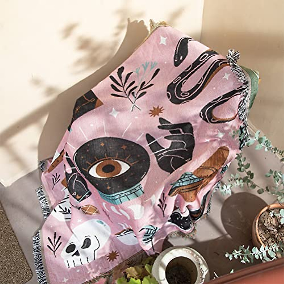 tiowik Divination Tarot Card Snake Skull Devil Eyes Throw Woven Blanket with Tassel for Home Decoration Chair Couch Sofa Bed Beach Travel Picnic Cloth Tapestry Shawl Cozy Cotton (Pink 63×51 Inches)