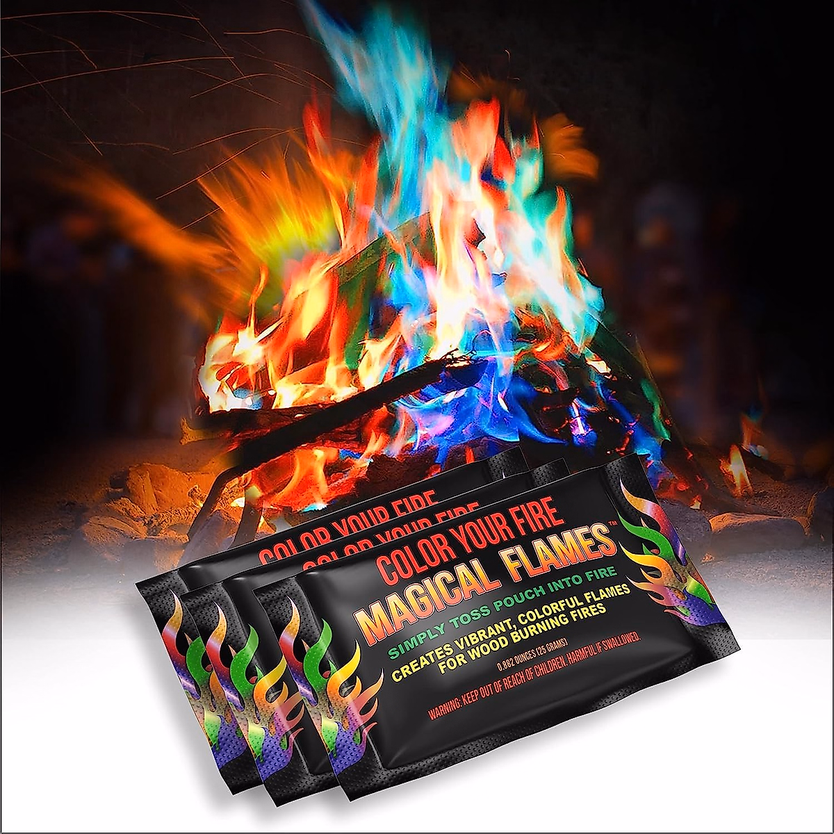 Magical Flames Fire Color Changing Packets for Campfires, Fire Pit, Outdoor Fireplaces - Camping Essentials for Kids & Adults – 12 Pack, Jumbo Flames