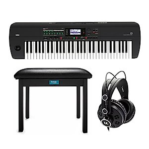 Korg i3 61-Key Music Workstation (Matte Black) Bundle with Knox Gear Flip-Top Bench (Black) and Studio Headphones (3 Items)