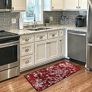 senya Christmas Rug Kitchen Rugs Runner Christmas Background with Snowflakes Red Doormat Bath Rugs Non Slip Area Rugs for Bathroom Kitchen Indoor 39" X 20"