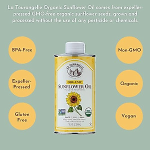 La Tourangelle, Organic High Oleic Sunflower Oil, Neutral Oil For Medium to High Heat Cooking and Skin Care, Non GMO, Pesticide and Chemical Free, 16.9 Fl Oz