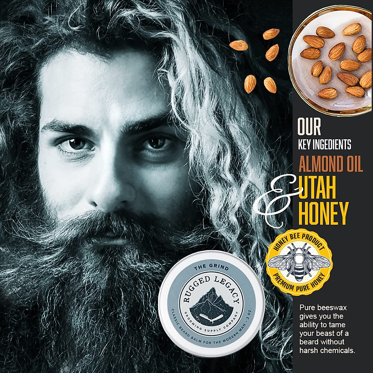 Rugged Legacy - Beard Balm, The Grind 2oz Beard Balm for Men, Scented Beard Balm with Notes of Coffee & Fresh Bergamot, Beard Balm Made with Natural Oils that Enrich Your Entire Beard - Roots To End
