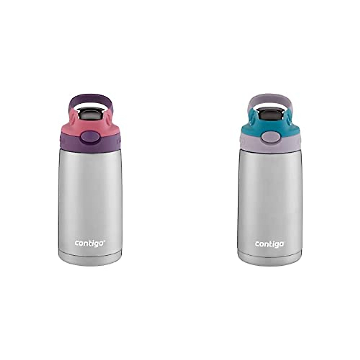 Contigo Kids Stainless Steel Water Bottle with Redesigned AUTOSPOUT Straw, 13 oz, Eggplant & Punch & Kids Stainless Steel Water Bottle with Redesigned AUTOSPOUT Straw, 13 oz, Taro & Juniper