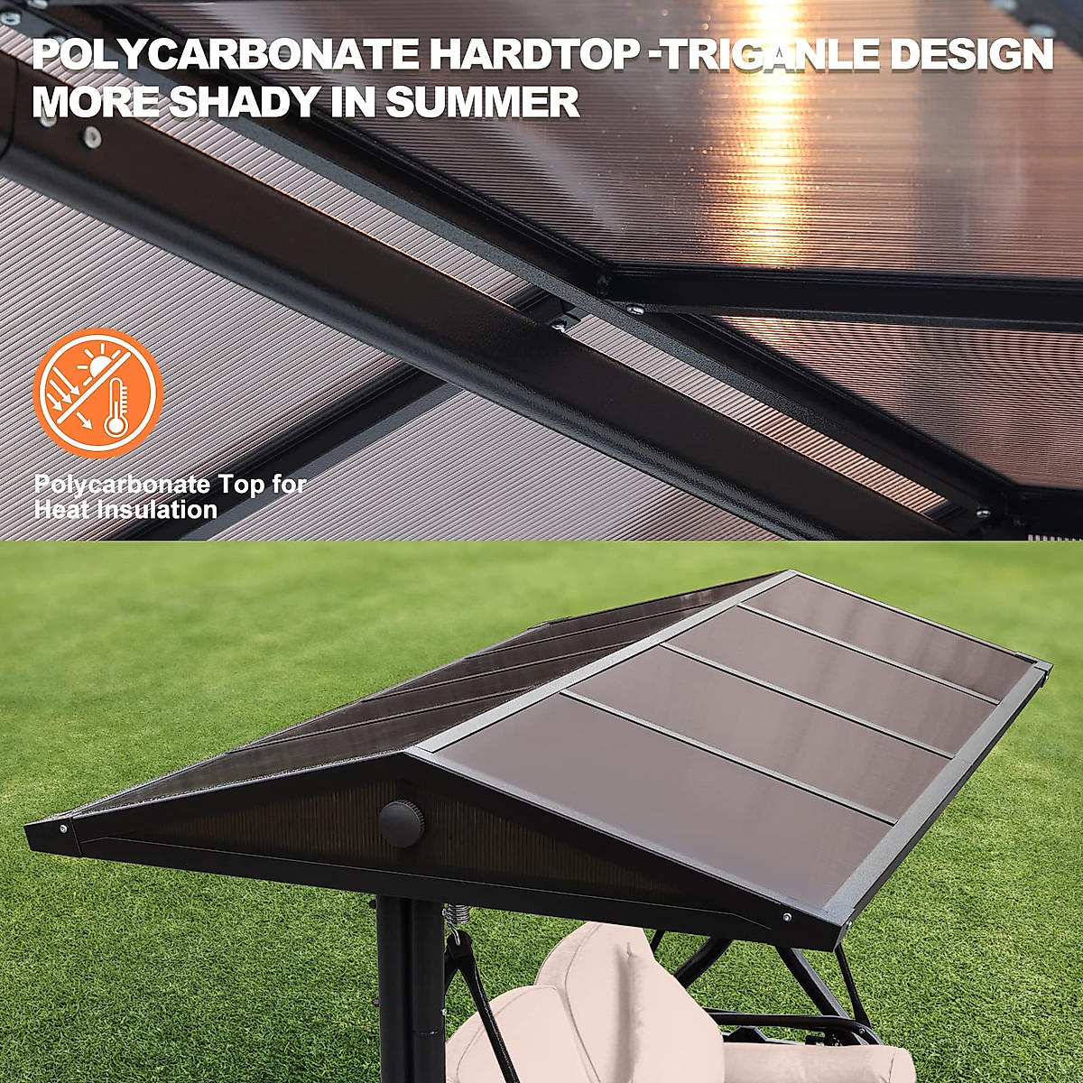 NOBLEMOOD Hardtop Patio Porch Swing, 3 Seat Outdoor Swing with Convertible Backrest, 2 Side Cup Holder, Thickened Cushion, 4 Pillows for Adult, Garden, Lawn