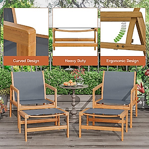 Greesum 4 Piece Furniture Outdoor Acacia Wood Chair with Ottoman for Porch, Balcony, Deck, Patio, Backyard, Gray