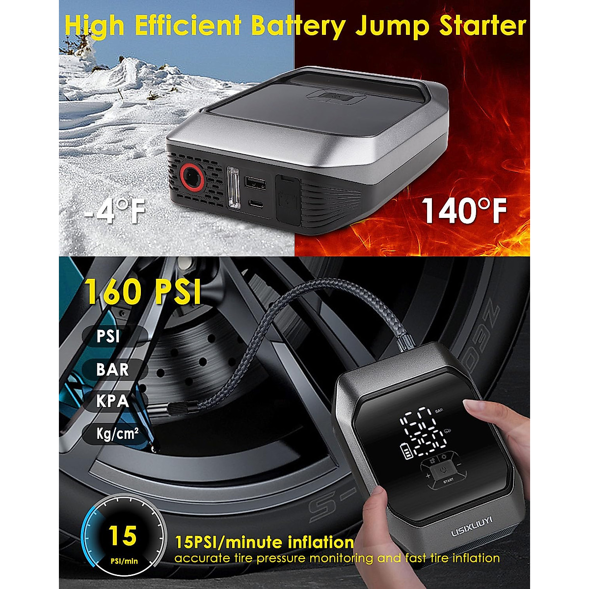 Portable Car Jump Starter with Air Compressor,160PSI Digital Tire Inflator & 8000mAh Battery Booster for 3.5L Gas Engine/4.0L Diesel Engine 12V Car Lithium Battery Safe Jump Box Pack Power Charger