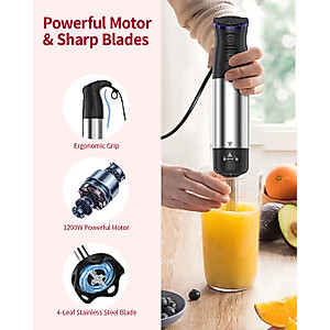 Electric Immersion Blender Handheld 1200W, 5-in-1 Hand Blender Mixer for Kitchen with 20-Speed & Turbo Boost, 600ml Chopper, 800ml Beaker, Whisk and Milk Frother for Soup, Smoothie, Puree, Baby Food
