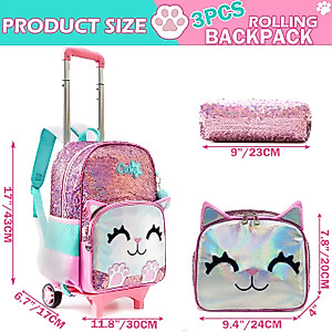 Backpack with Wheels for Girls Cute Rolling Pink Cat School Backpack Kids Sequin Roller Luggage Suitcase for Elementary Kindergarten Students with Lunch Box Pencil Case for Girls 5-12 Years Old