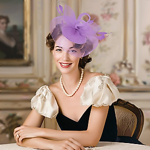 MS.ING Women's Kentucky Derby Fascinators Tea Party Hat Mesh Floral Feather Hair Clip Headwear for Wedding Cocktail (Purple)