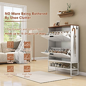 LYNCOHOME Shoe Storage Cabinet with 2 Flip Drawers and Feodorizing Function, Farmhouse Freestanding Shoe Organizer for Entryway/Hallway, Narrow Shoe Rack Cabinet with Steel Legs, White