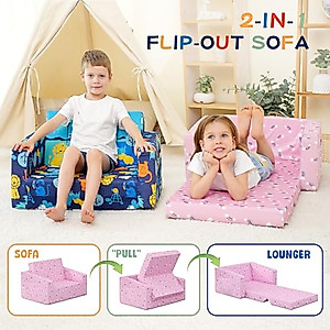 MallBest Kids Sofas Toddler Couch Bed Baby's Upholstered Chair Sleepover Couch Flipout Open Recliner(Pink/Rainbow)