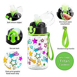 Cute Water Bottle with Straw for Kids Girls Boys, BPA Free Tritan & Pretty Foil Print & Leak Proof One Click Open Flip Top & Soft Silicone Sipper & Easy Clean & Soft Carry Loop, 15oz / 450ml (Star)