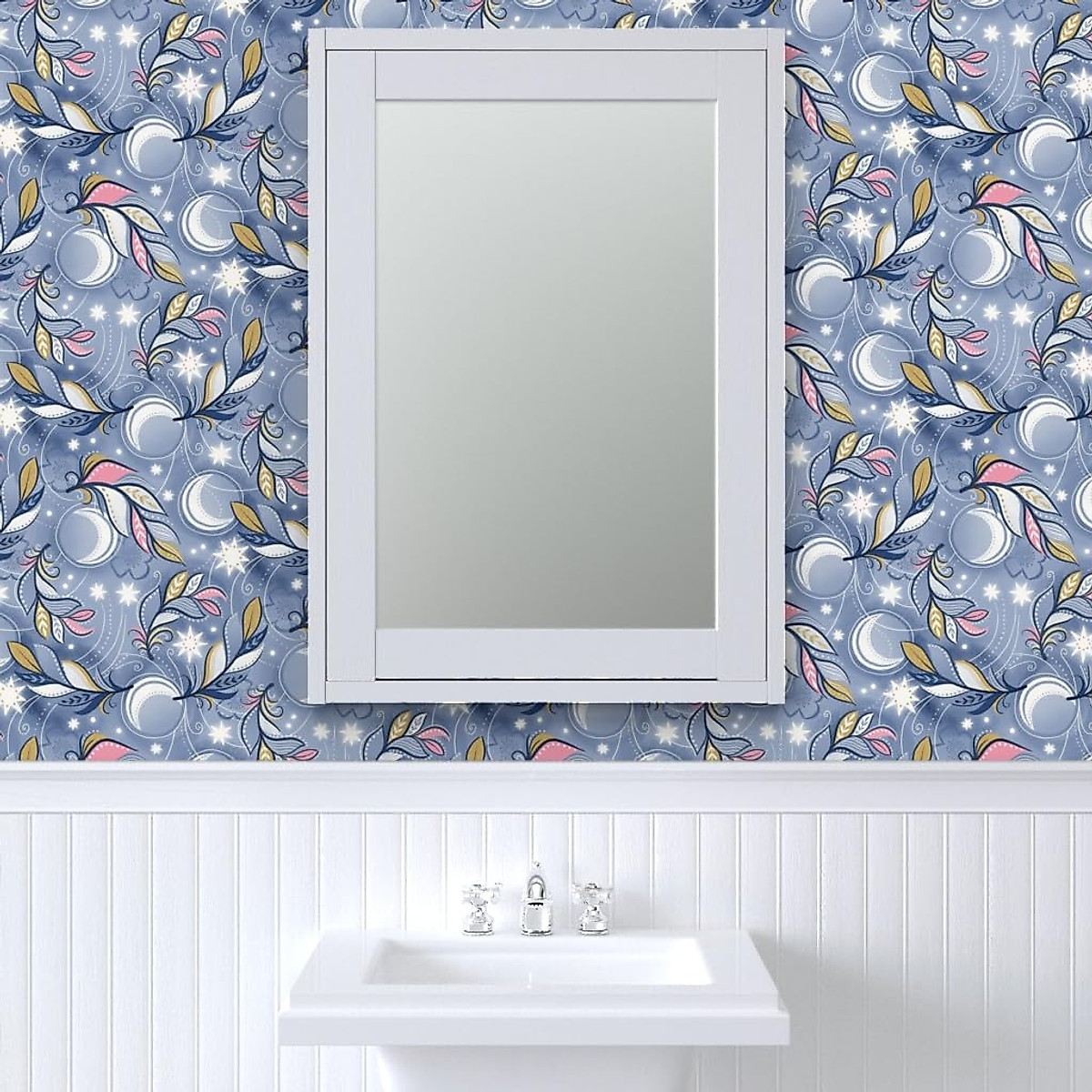 Peel & Stick Wallpaper Swatch - Whimsical Night Pastel Blue Pink Moon Star Sky Custom Removable Wallpaper by Spoonflower