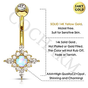 COCHARM 14k Gold Star Belly Rings 14g Diamond and Opal Solid Gold Belly Button Ring Barbell for Women