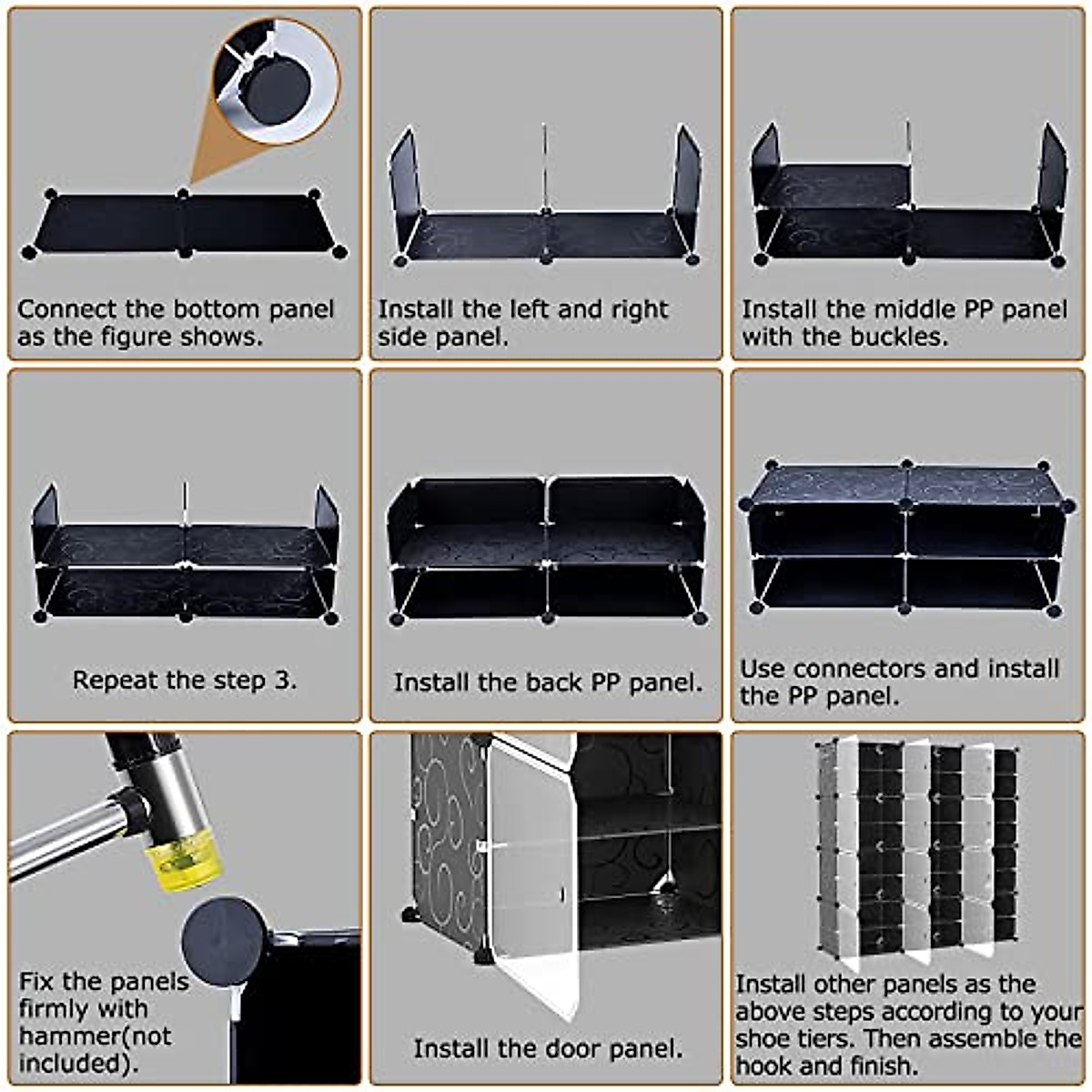 KOCASO 16-Pair Portable Shoe Rack Organizer, 8-Tiers Storage Cabinet, Stand Space-saving Shoe Organizer for Sneakers, Heels, Slippers and Boots, Black shoe cabinet with Translucent Doors