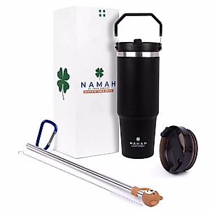 30 oz Stainless Steel Vacuum Insulated Tumbler with Handle Lid and Straw Leak and Spill Proof Travel Tumbler Cup with 2 Lids and Teddy Straw Cap Water Tumblers for Women and Men 890 ml