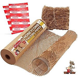 XFasten Honeycomb Packing Paper 12" x 66' Reusable Cushion Kraft Packing Paper for Moving, Alternative Bubble Packing Wrap for Breakable Dishes Packing Supplies for Moving with 20 Fragile Stickers