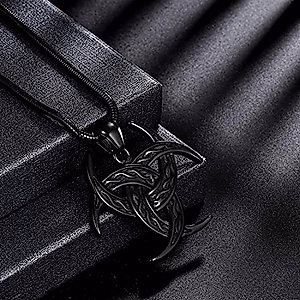 Celtic Knot Necklace Viking Pendant - Norse Mythology Jewelry Triple Odin Horn Crescent Moon Necklace Mens 316L Stainless Steel Triskelion Amulet Pewter Tribal Protection Triskele Jewelry SP0053B