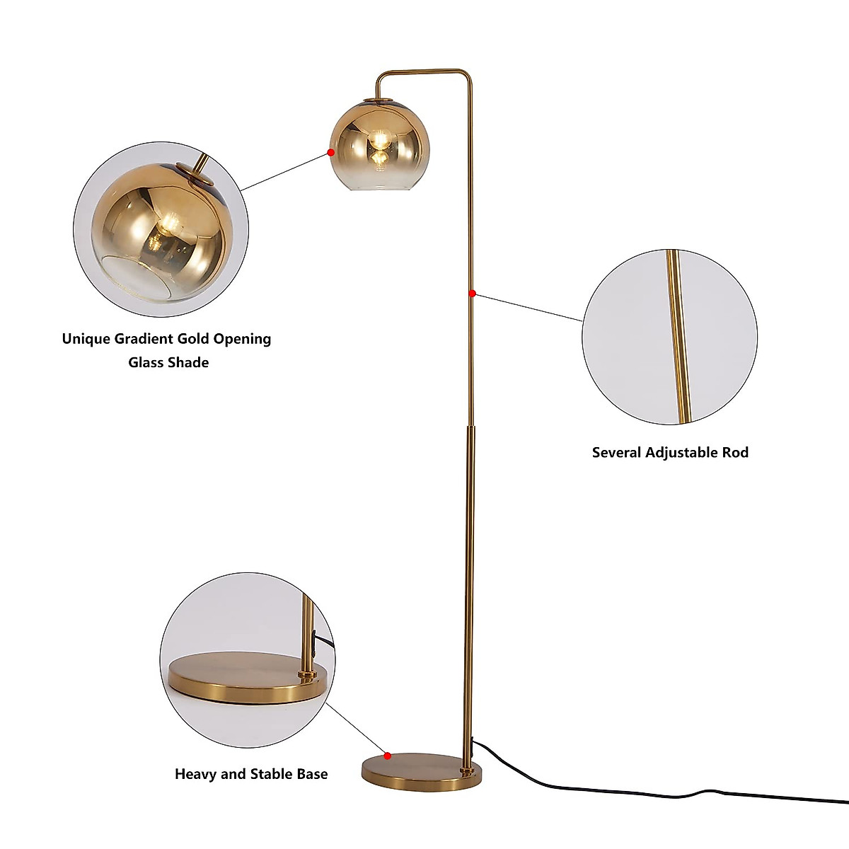KCO Lighting Contemporary Gradient Gold Floor Lamp Glass Globe LED Standing Light Mid Century Tall Pole Standing Accent Lighting for Office Living Room Bedroom (9.8”-Large)