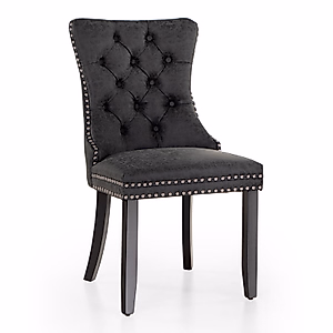 MAISON ARTS Faux Leather Dining Chairs Set of 6, Upholstered Tufted Dining Room Chair with Pull Ring Trim & Button Back Modern Diner Chairs Solid Wood Legs for Kitchen Dining Room, Black