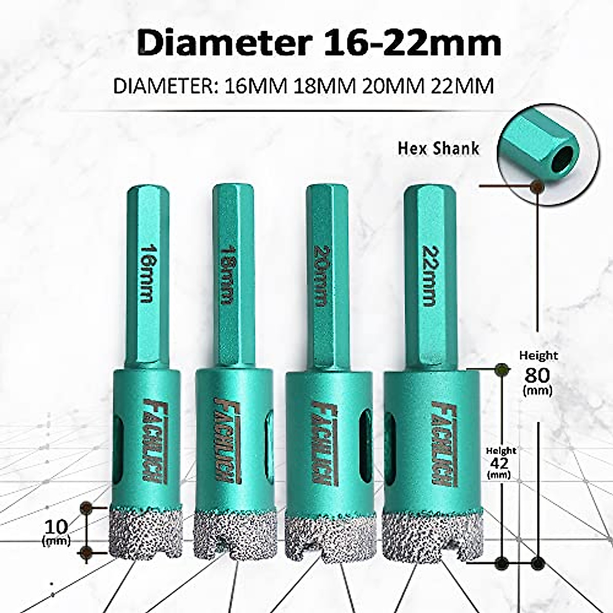 FACHLICH Dry Diamond Drill Bits,Diameter 5/6"(22mm) with Hex Shank Connection for Granite Marble Tile Porcelain Ceramic Hard Materials