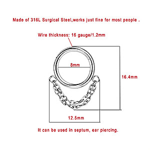 FANSING Surgical Steel Cartilage Earring Hoop 8mm Helix Hoop Double Chain Piercing Jewelry Silver Ear Lobe Piercing Earrings 16g 8mm Piercing Hoop