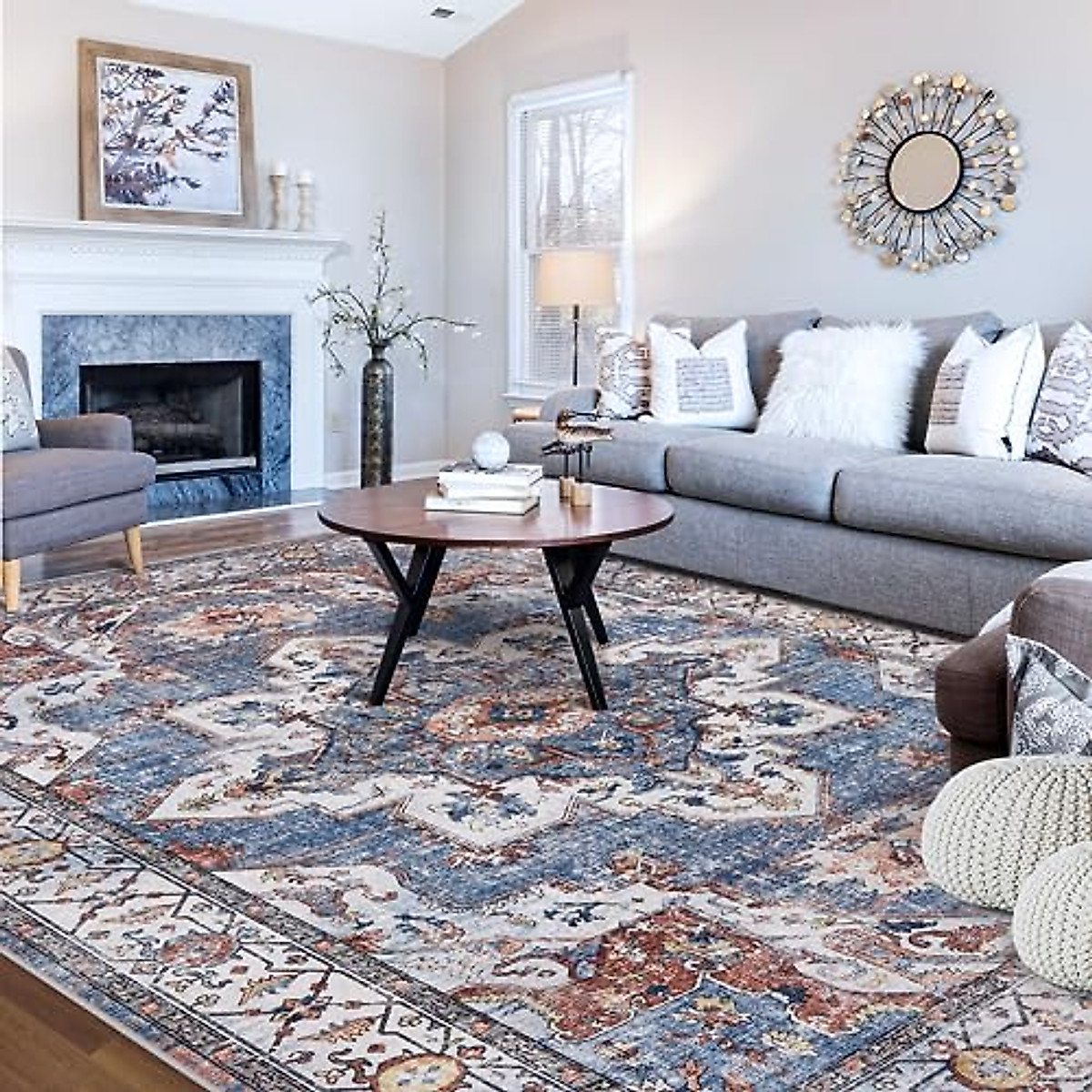 8x10 Area Rugs for Living Room Bedroom: Large Washable Rug with Non-Slip Backing Non-Shedding Stain Resistant, Boho Floral Large Carpet for Dining Room Nursery Home Office Indoor Gray Blue/Brown