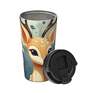 GTKSYNVE Reusable Coffee Mug with Lid and Handle, Cartoon Deer Flower Tumbler for Hot & Cold Drinks 16oz Stainless Steel Insulated Coffee Tumblers Double Wall Vacuum Thermal Cup