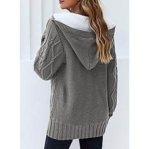 Dokotoo Womens Winter Fashion Ladies Cozy Faux Fur Hooded Casual Cardigans Sweaters Button Open Front Long Sleeve Cable Knit Fleece Coat Outerwear with Pockets Grey Small