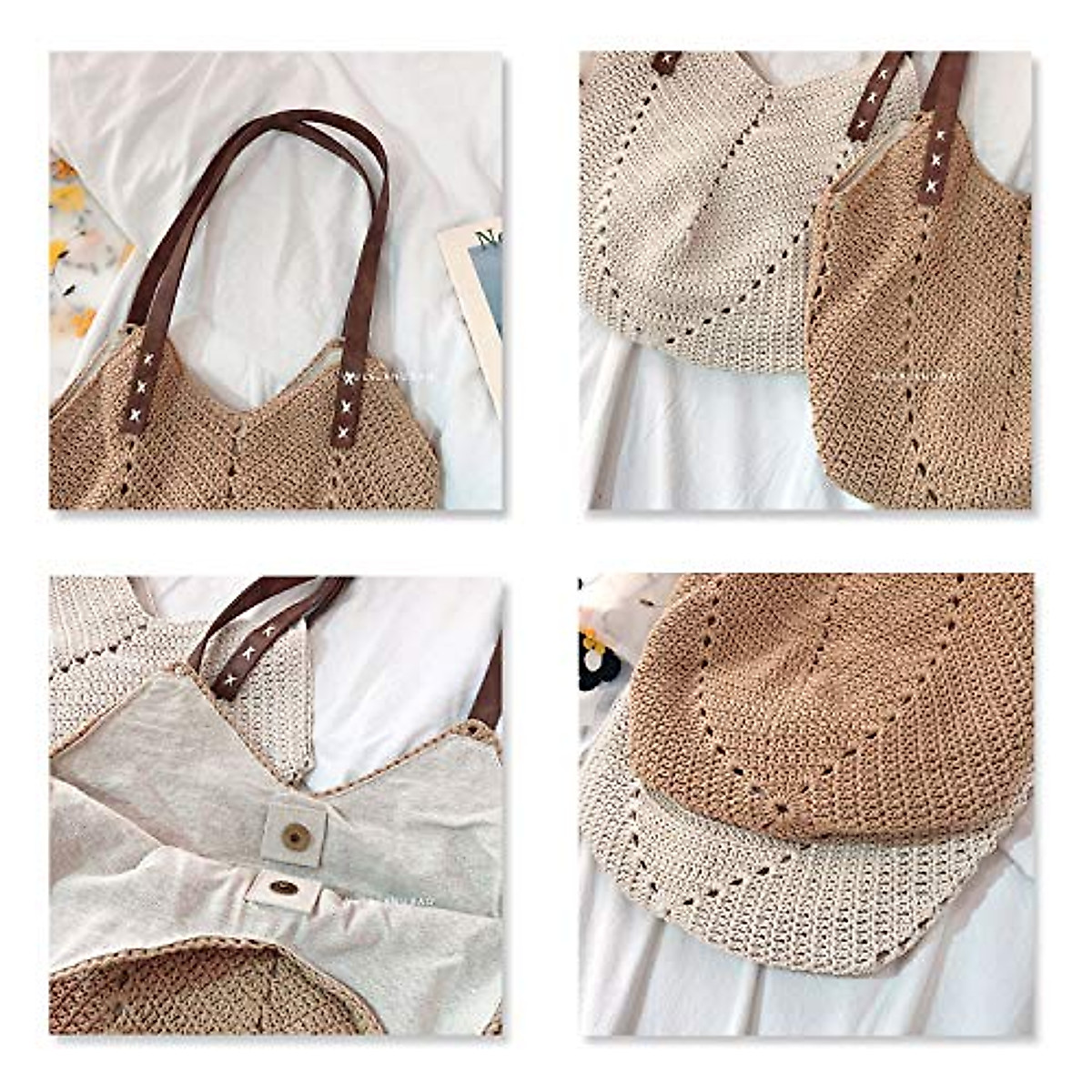 QTKJ Hand-woven Soft Boho Women's Summer Crochet Beach Shoulder Bag PU Leather Handle Woven Handbag for Women (Brown)